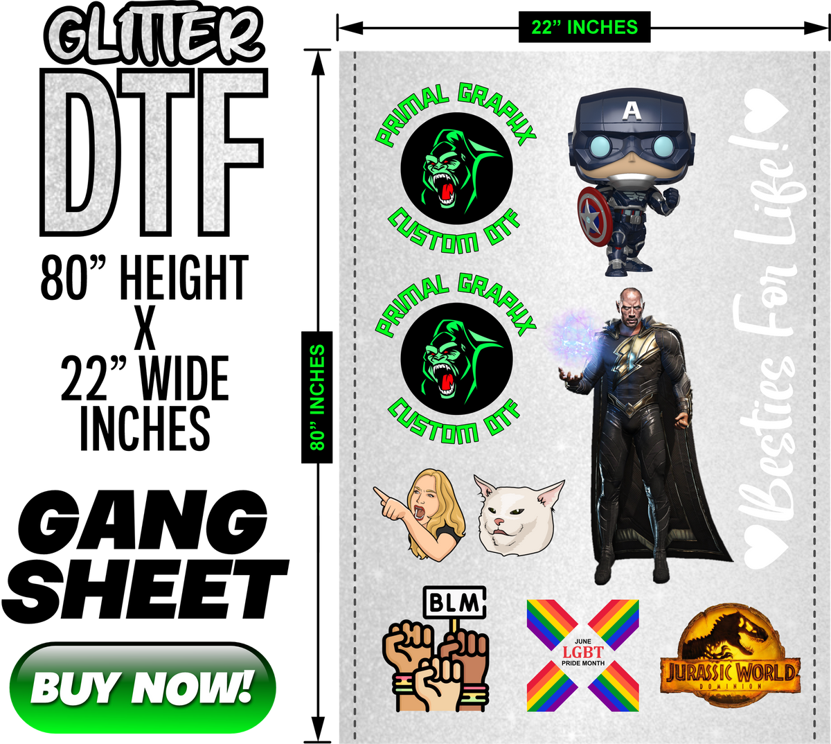 Glitter DTF GANG SHEET 22" X 80" – Primal Graphx